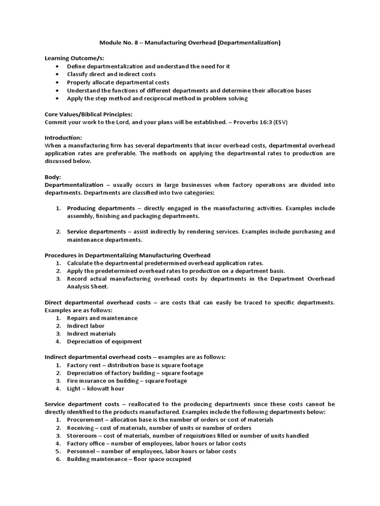 Module No 8 - Manufacturing Overhead Departmentalization | PDF | Cost ...