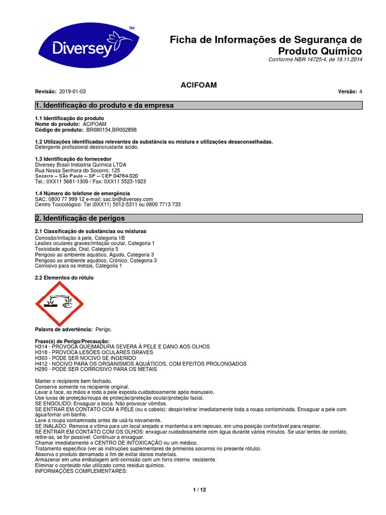 FISPQ do Detergente ACIFOAM | PDF | Primeiros socorros | Vapor