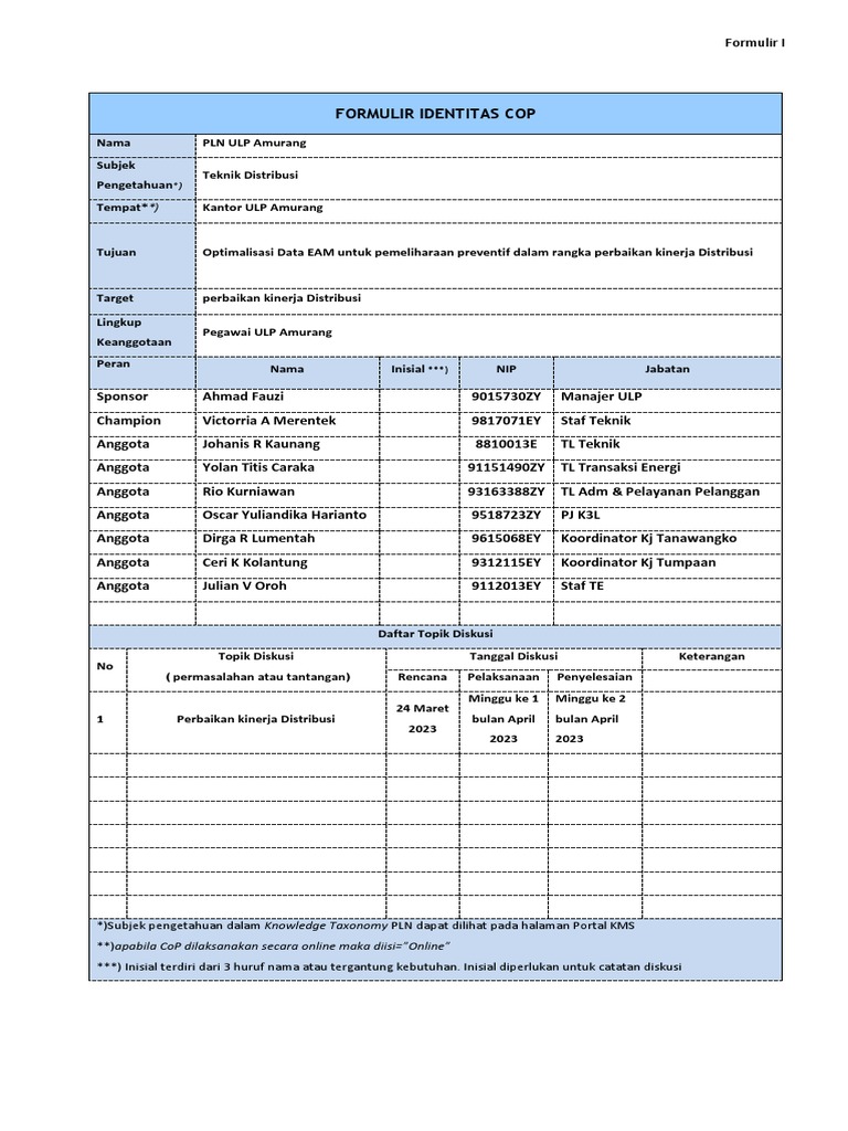 Form COP Optimalisasi Data EAM Untuk Pemeliharaan Preventif Dalam ...