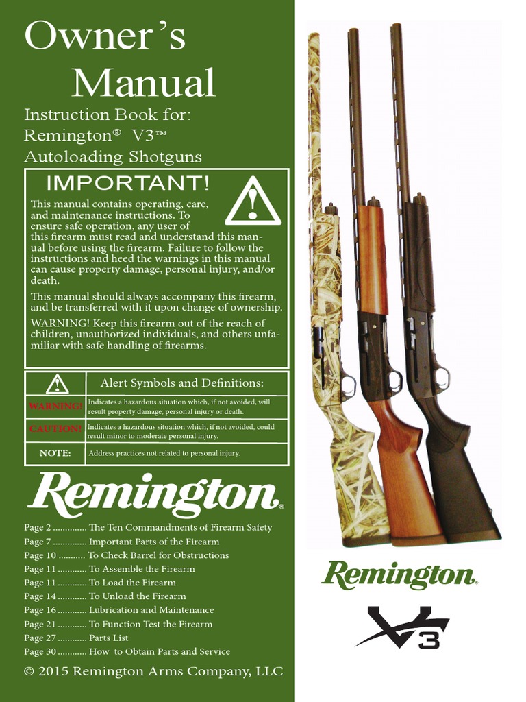 Important!: Instruction Book For: Remington V3 Autoloading Shotguns ...