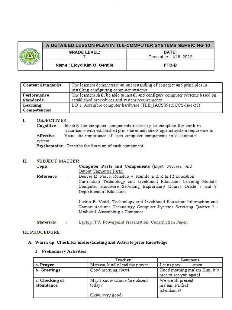 A Detailed Lesson Plan in Tle - Ma'Am Jo Venancio | PDF | Input/Output ...