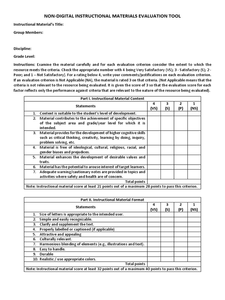 Non-Digital Instructional Materials Evaluation | PDF | Evaluation ...
