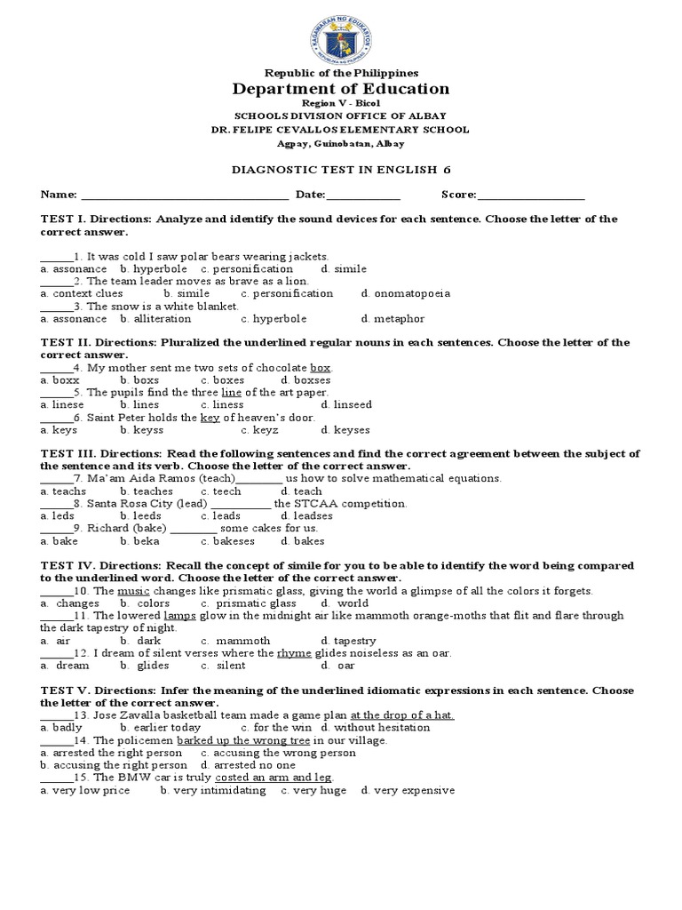 Pre-Test - English 6 | PDF | Linguistics | Grammar