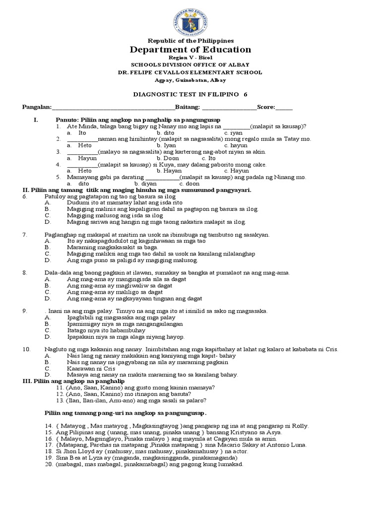 Pre-Test - Filipino 6 | PDF