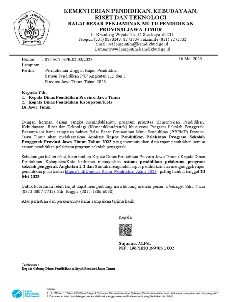 Permohonan Unggah Rapor Pendidikan Jatim | PDF