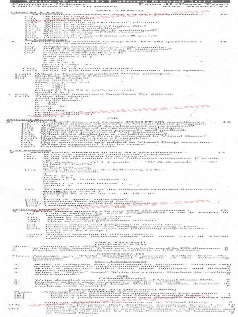 Past Papers 2014 Lahore Board Inter Part 2 Computer Science Subjective | PDF