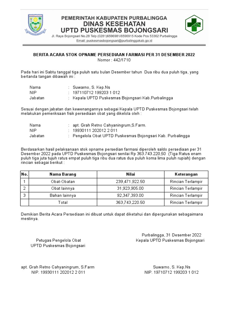 Puskesmas Bojongsari Ba Stok Opname 2022 Dan Lampiran | PDF