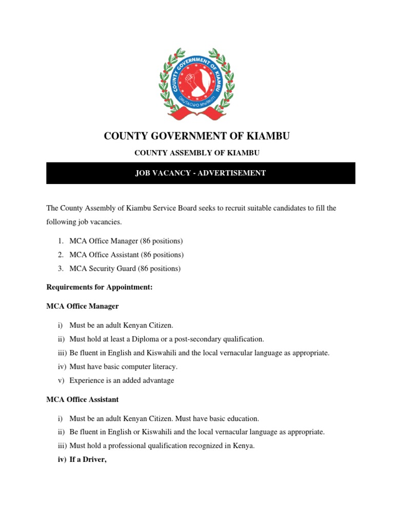 MCA Job Vacancies in Kiambu County | PDF | Vehicles | Kenya