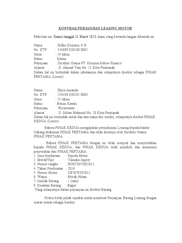 Kontrak Perjanjian Leasing Motor | PDF