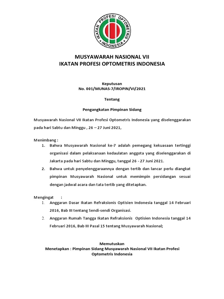 Pimpinan Sidang Munas VII IROPIN 2021 | PDF