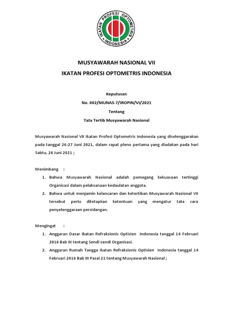 Tata Tertib MUNAS VII IROPIN 2021 | PDF | Pengelolaan Keuangan & Uang
