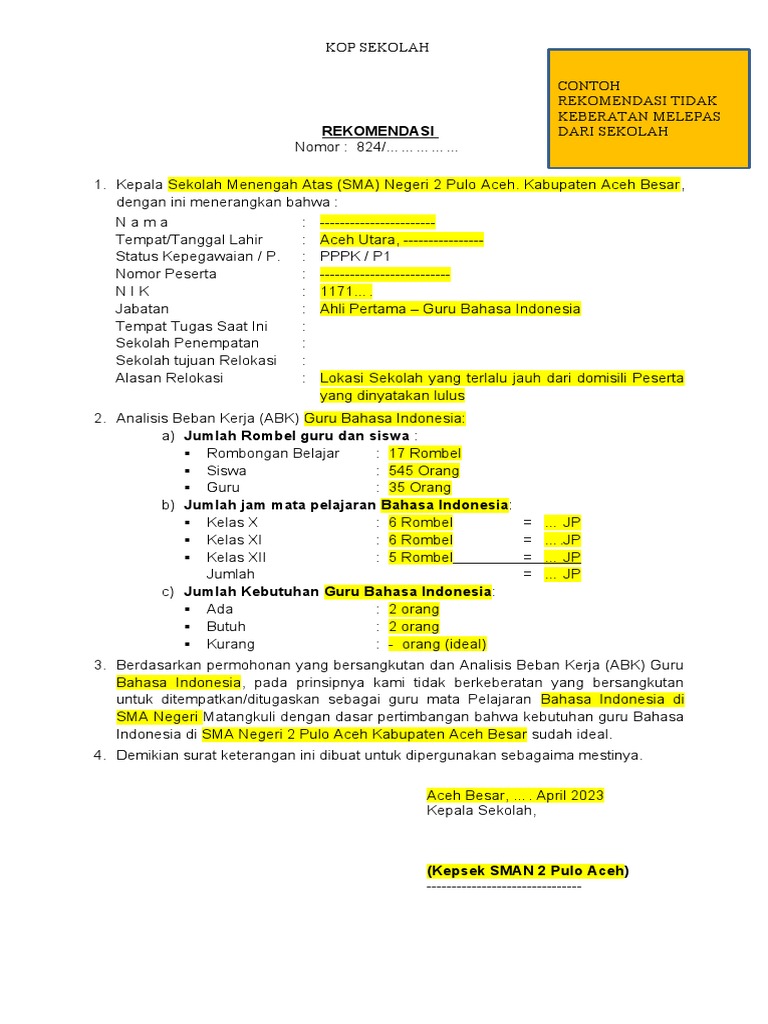 Contoh Rekom Tidak Keberatan Melepas Dari Sekolah PPPK Formasi 2022 | PDF