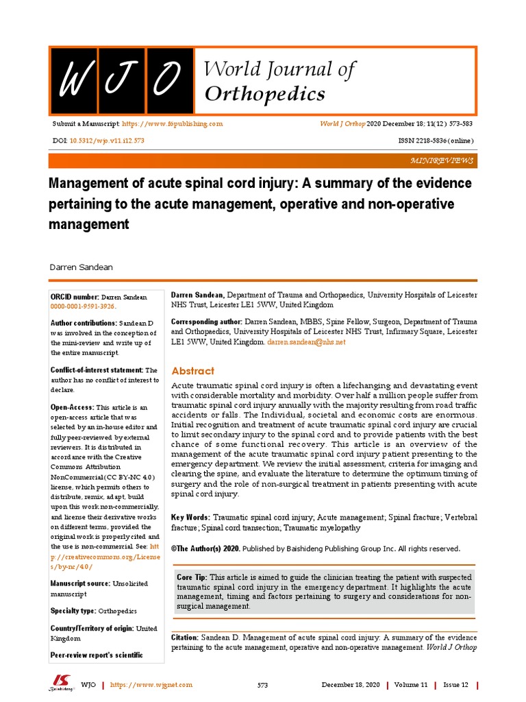 Management of Acute Spinal Cord Injury - A Summary of The Evidence Pertaining To The Acute ...
