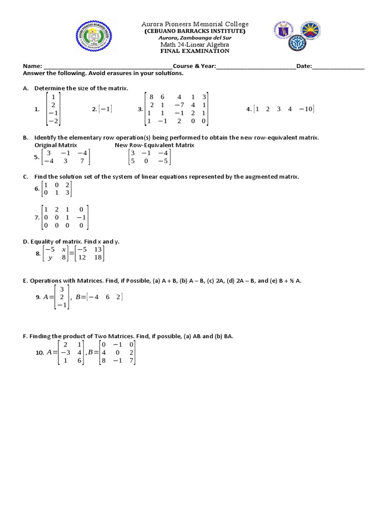 Math 24-Linear Algebra Final Exam (Soft Copy) | PDF