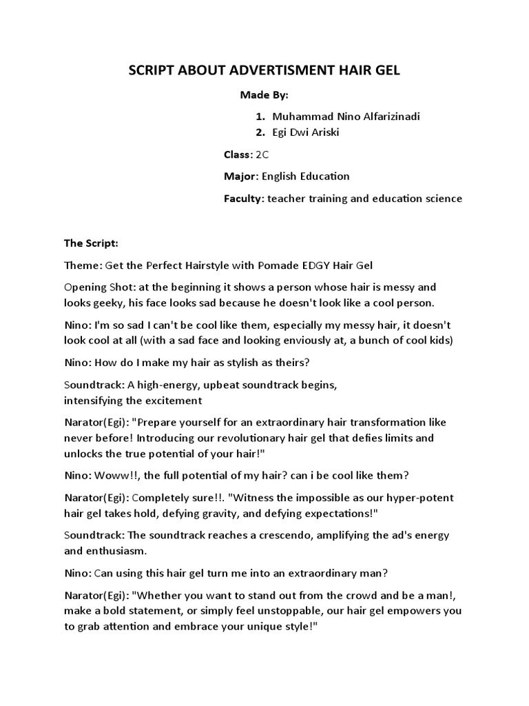 Hair Gel Advertisement Script Sample | PDF | Home & Garden