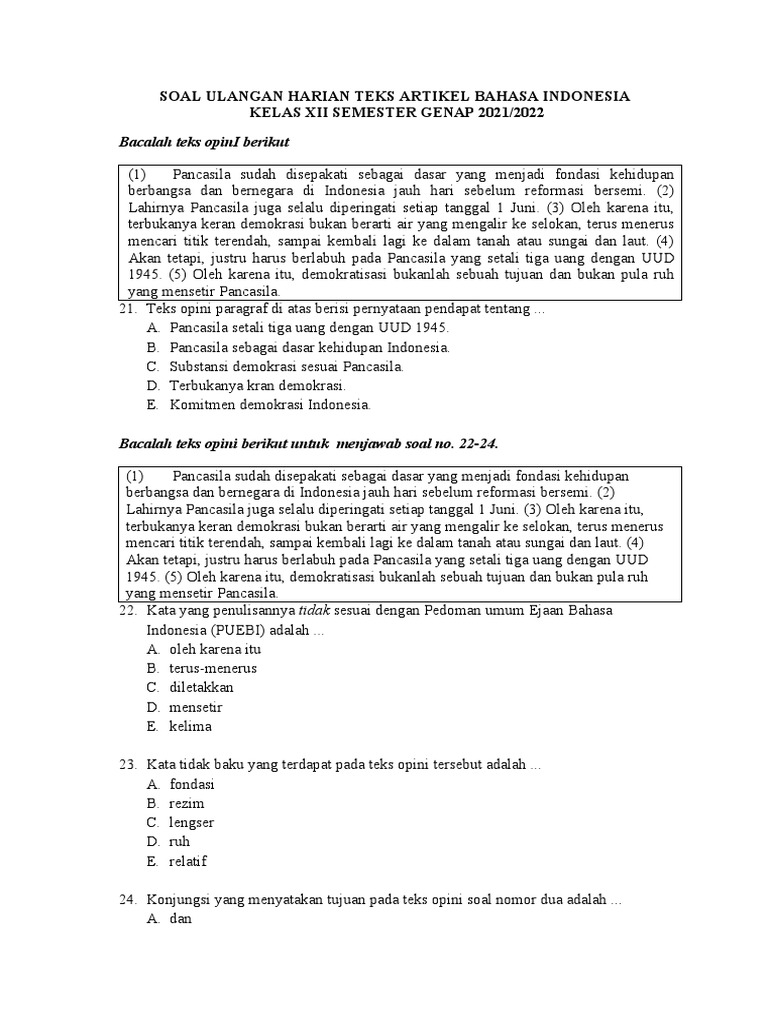Bacalah Teks Opini Berikut: Soal Ulangan Harian Teks Artikel Bahasa ...