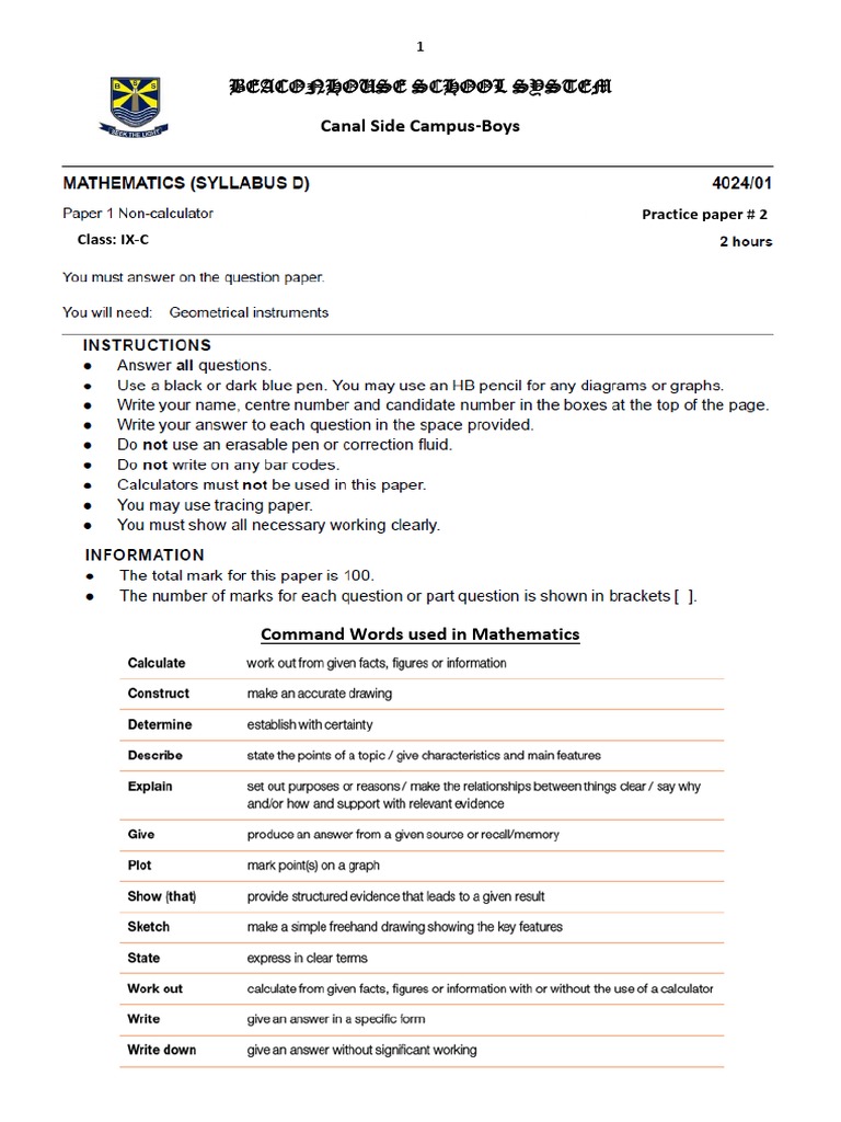 Practice Paper Mathematics 4024 P1 | PDF | Area | Volume