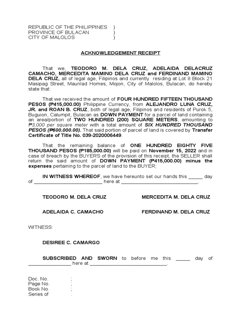Acknowledgment Receipt for Land Payment | PDF | Home & Garden