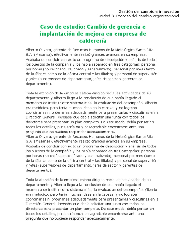 Caso Sem 3 | PDF | Gestión de recursos humanos | Gestión del cambio