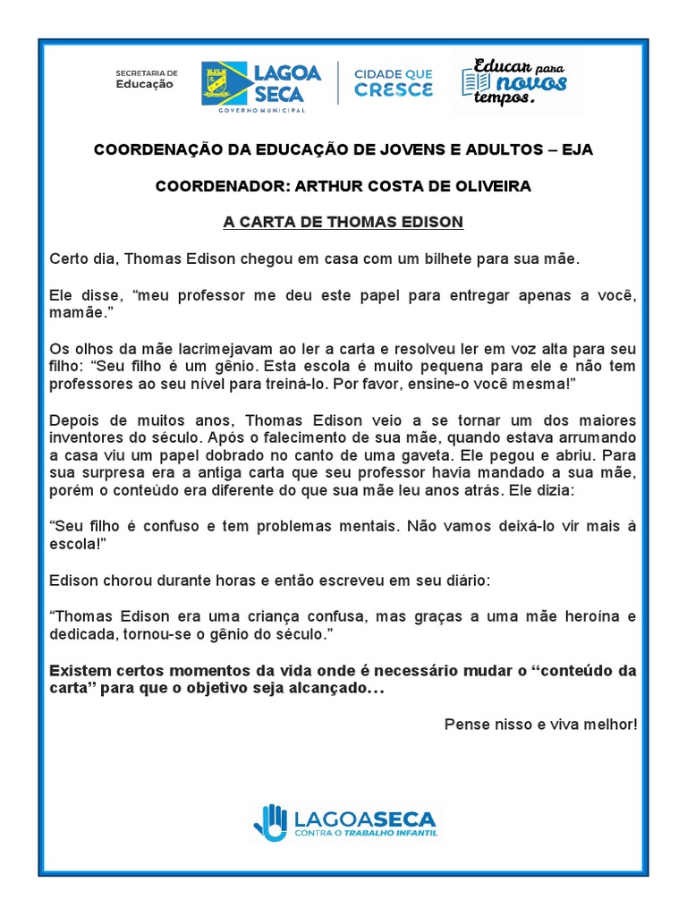 A Carta de Thomas Edison | PDF | Thomas Edison
