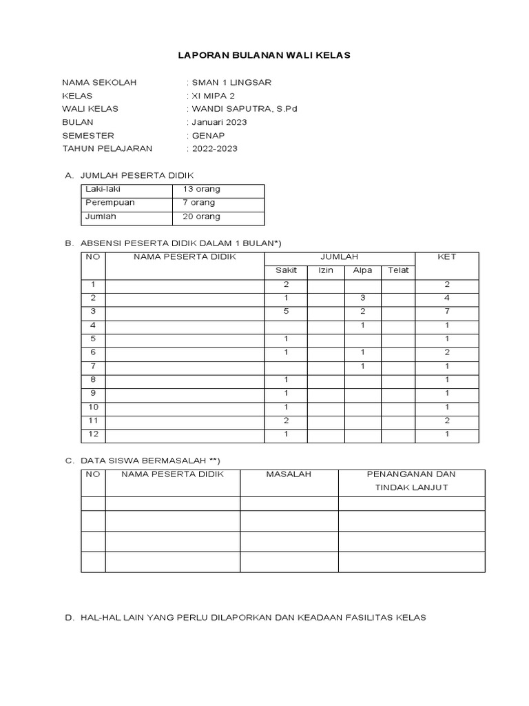 Laporan Bulanan Wali Kelas | PDF