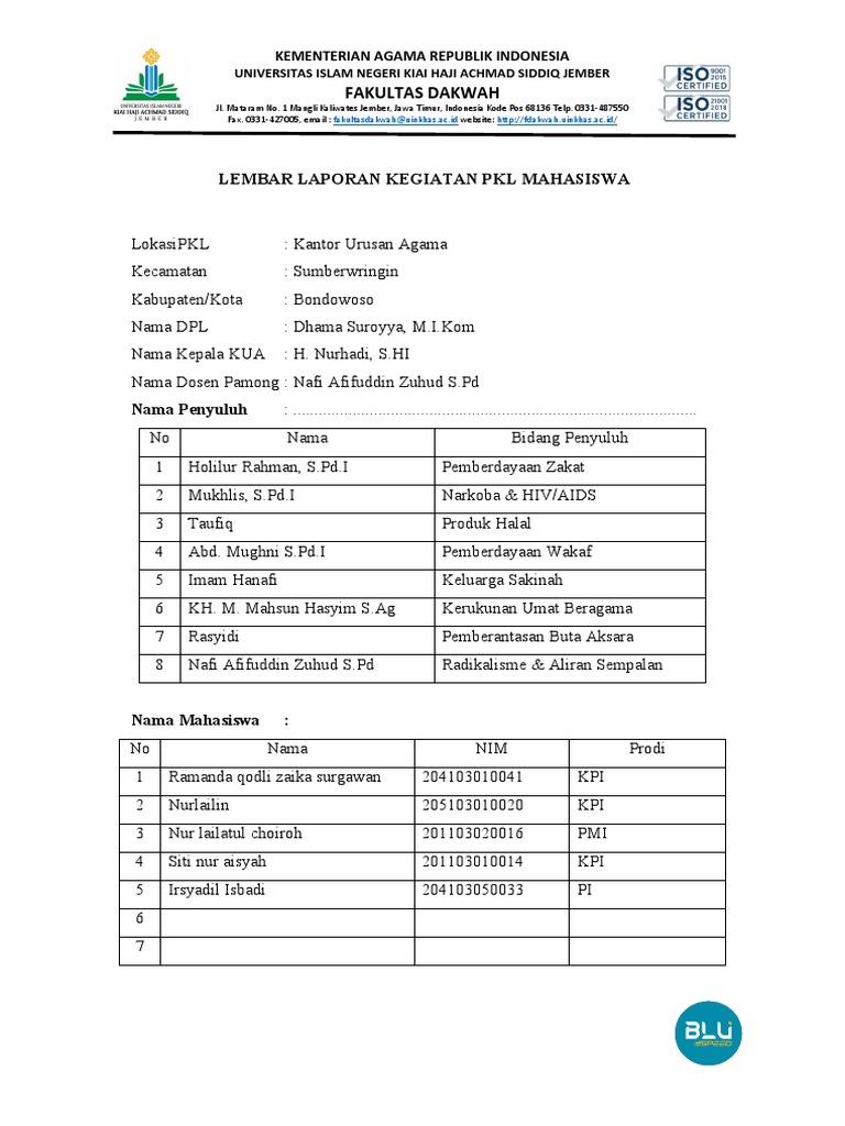 Lembar Laporan Kegiatan PKL | PDF