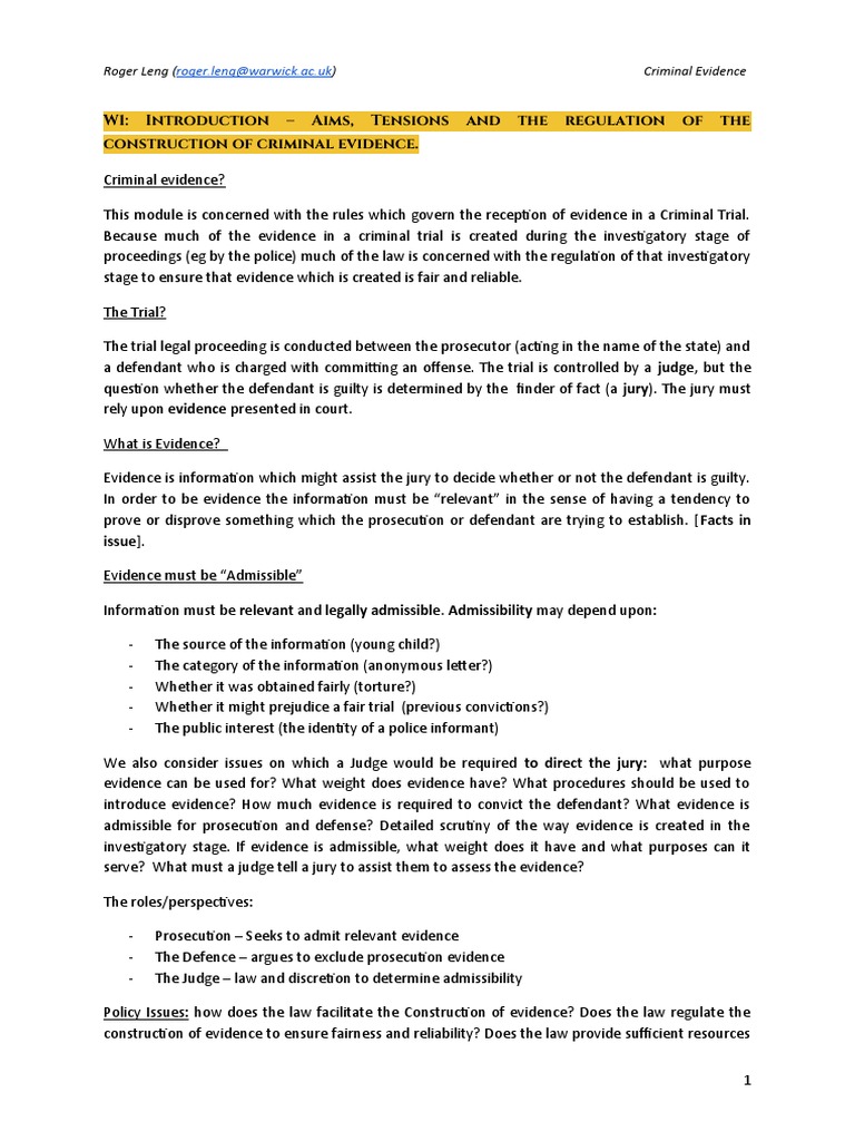 Notes Criminal Evidence | PDF | Evidence (Law) | Witness