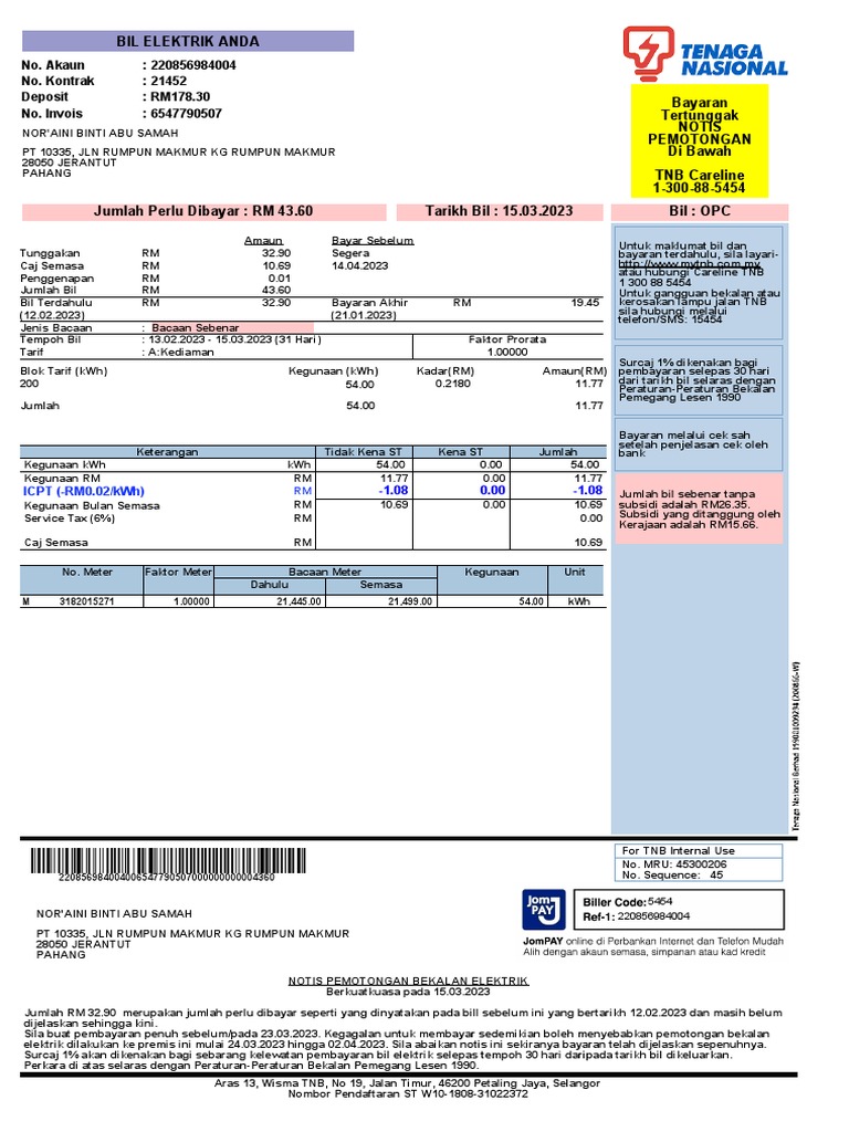 Bil Elektrik Anda: No. Akaun: 220856984004 No. Kontrak Deposit No ...
