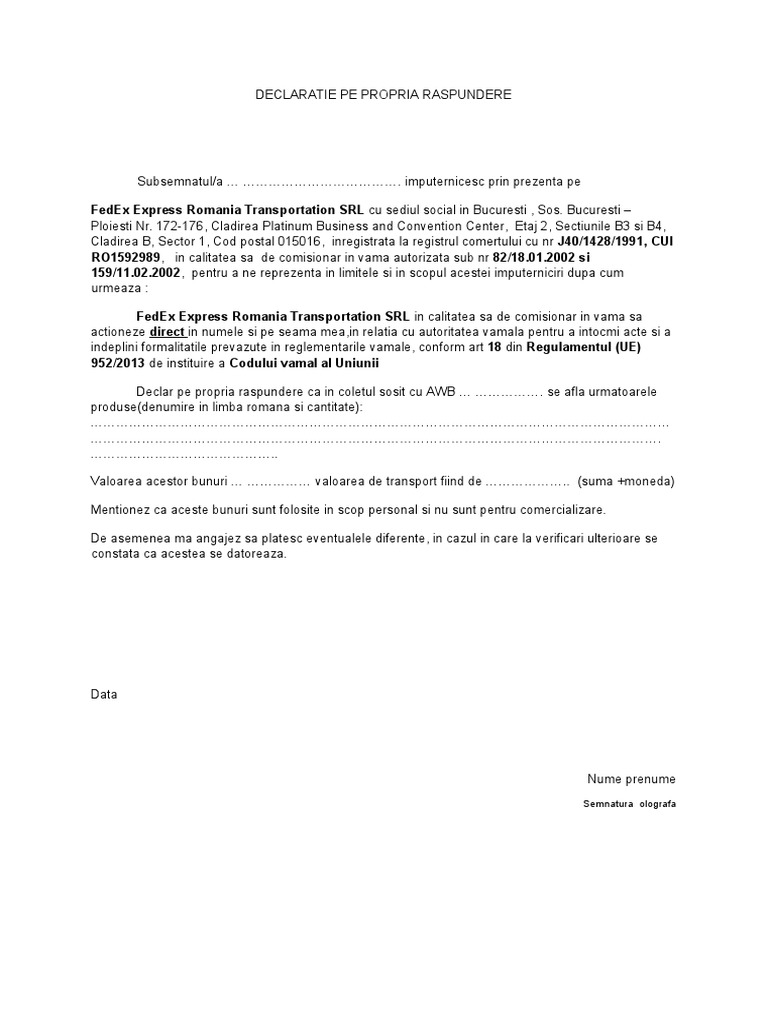 Declaratie Pe Propria Raspundere | PDF