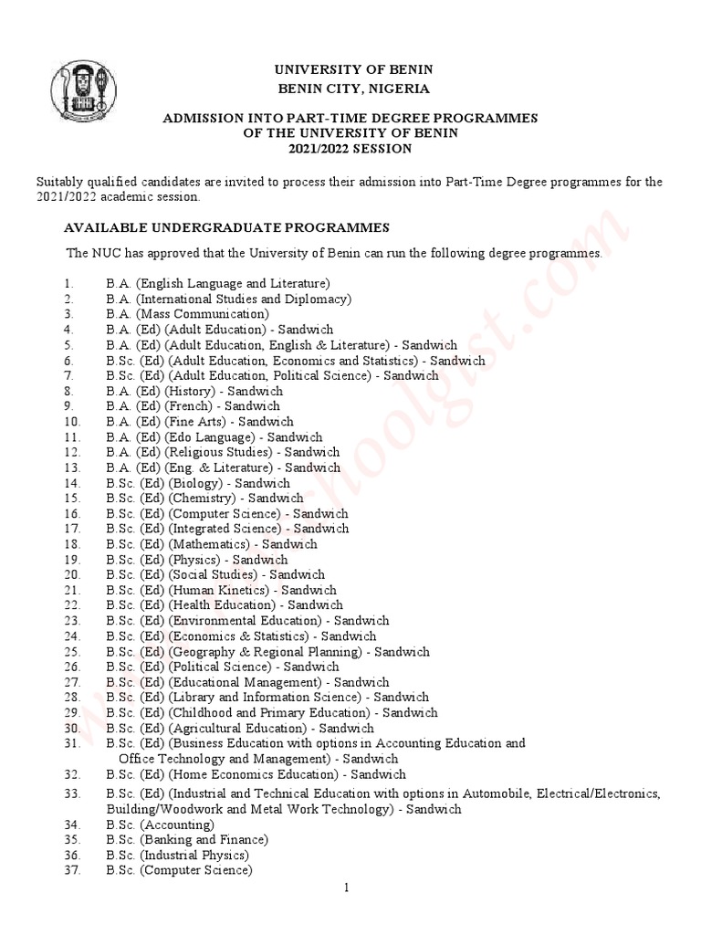 UNIBEN Part-Time Degree Admissions | PDF | University And College ...