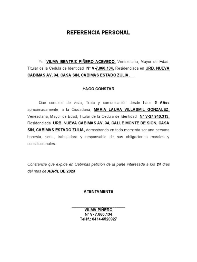 Referencia Personal Nelso de Jesus Perez Borjas | PDF | Derecho