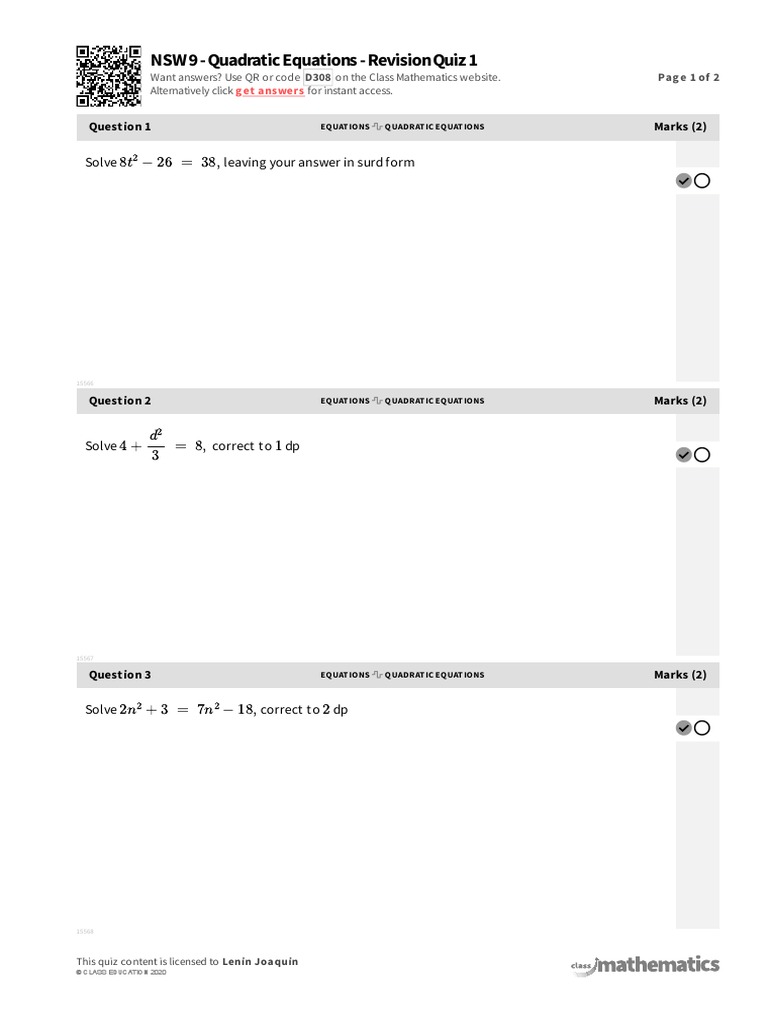 NSW 9 - Quadratic Equations - Revision Quiz 1 | PDF | Mathematics | Equations