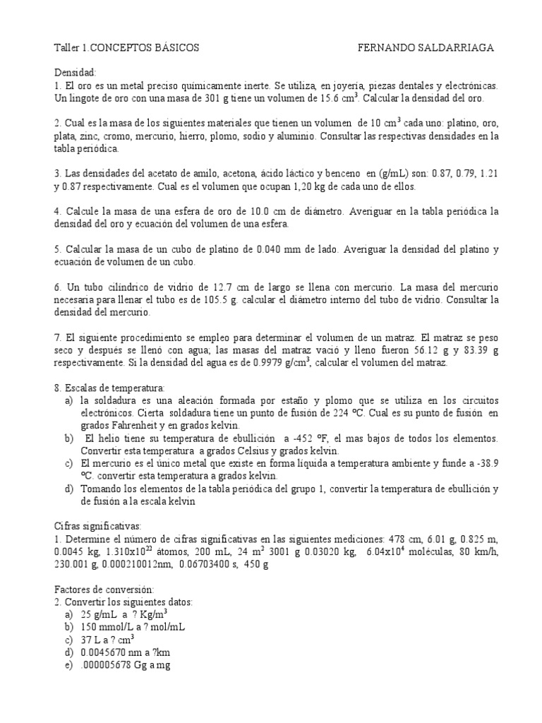1 Taller Conceptos Basicos | PDF | Temperatura | Densidad