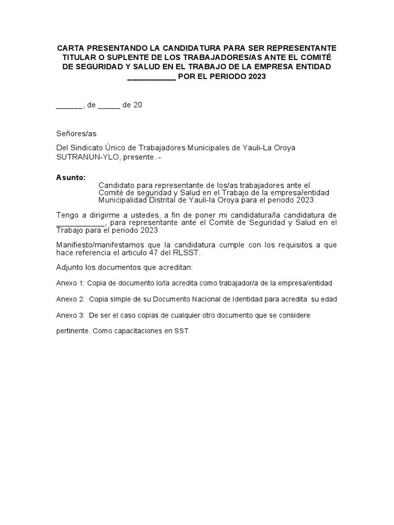 Carta Presentando La Candidatura para Ser Representante Titular o ... Carta Presentando La Candidatura para Ser Representante Titular o ...
