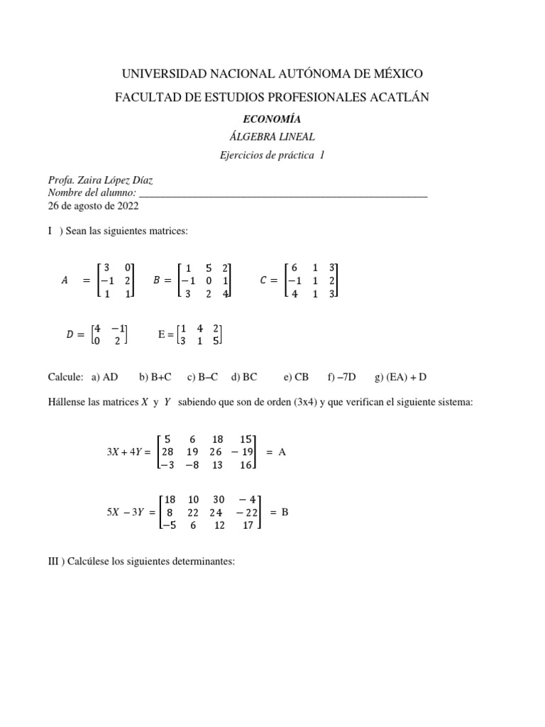 Ejercicios de Matrices Álg Lin Ago 26, 2022 | PDF | Mercado (economía ...