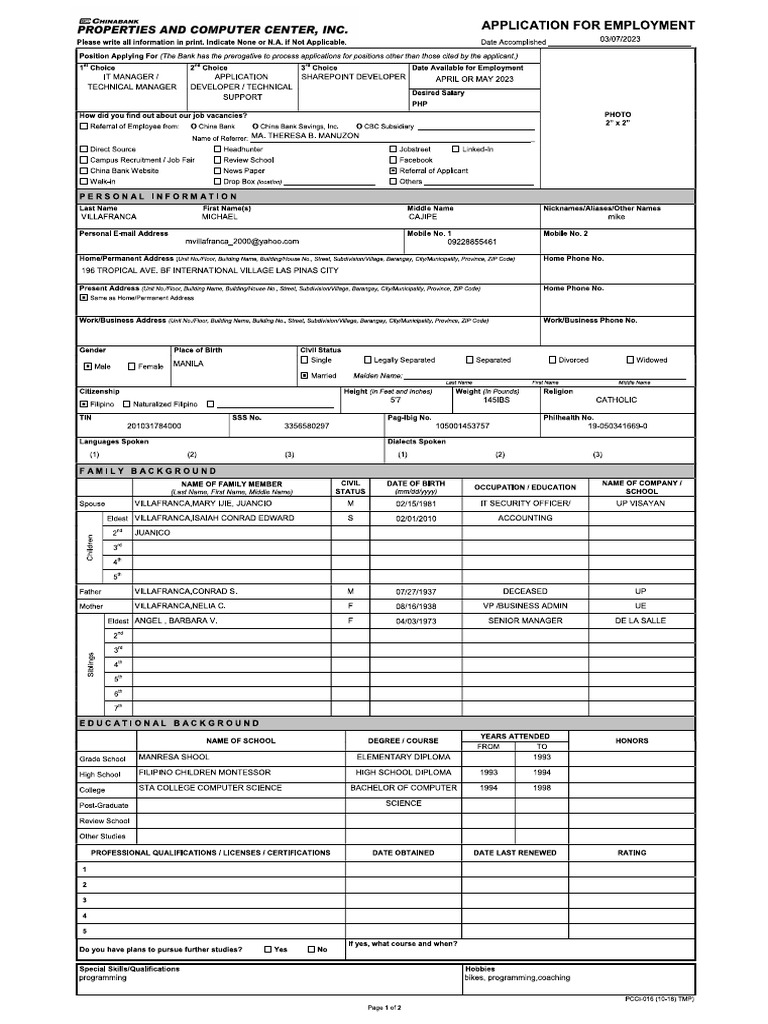 Chinabank Application Form | PDF