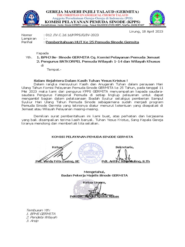 HUT Ke-25 Pemuda Sinode GERMITA | PDF