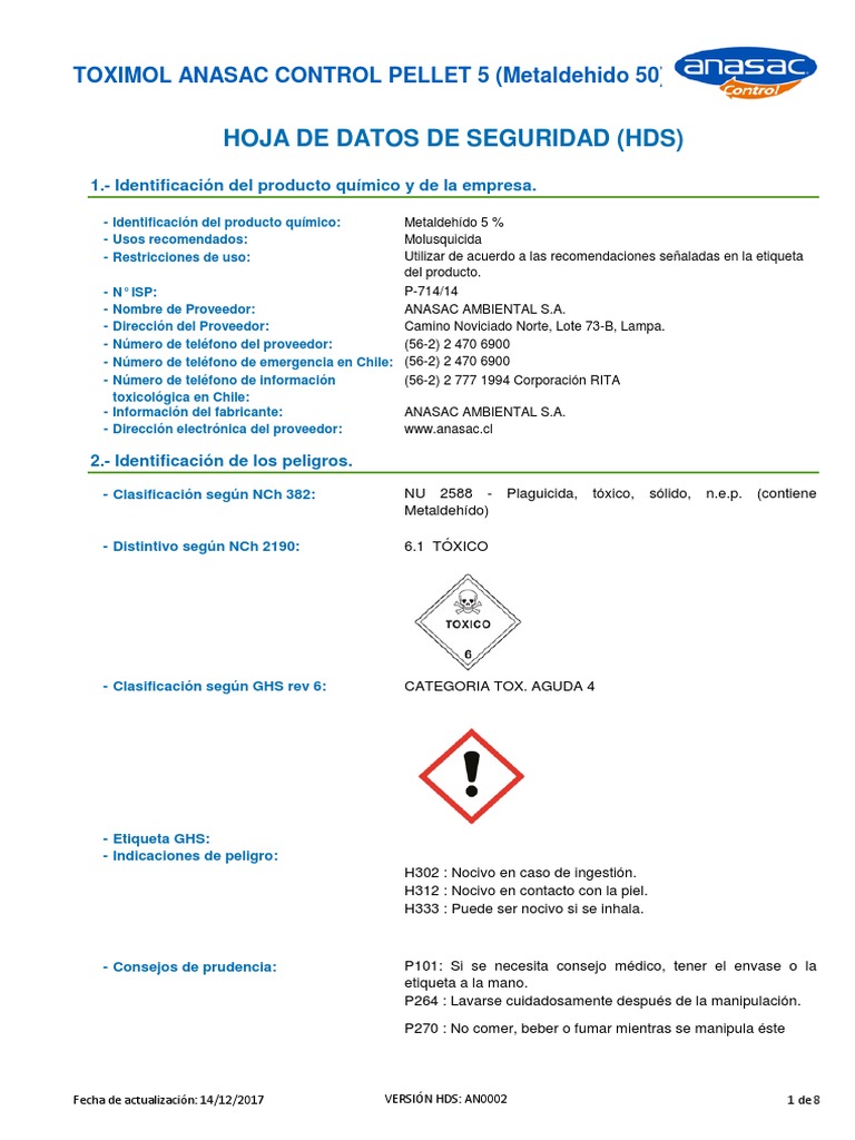 Ficha Técnica Toximol Anasac 5% | PDF | Pesticida | Agua