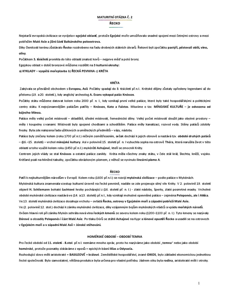 Maturitní Otázka Č. 2 - Řecko - Kopie | PDF