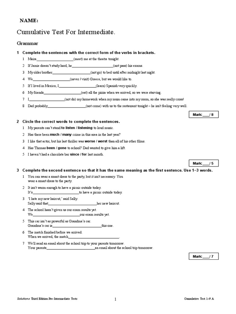 Sol3e Preint Cumulative Test Units 1-9 A | PDF Sol3e Preint Cumulative Test Units 1-9 A | PDF