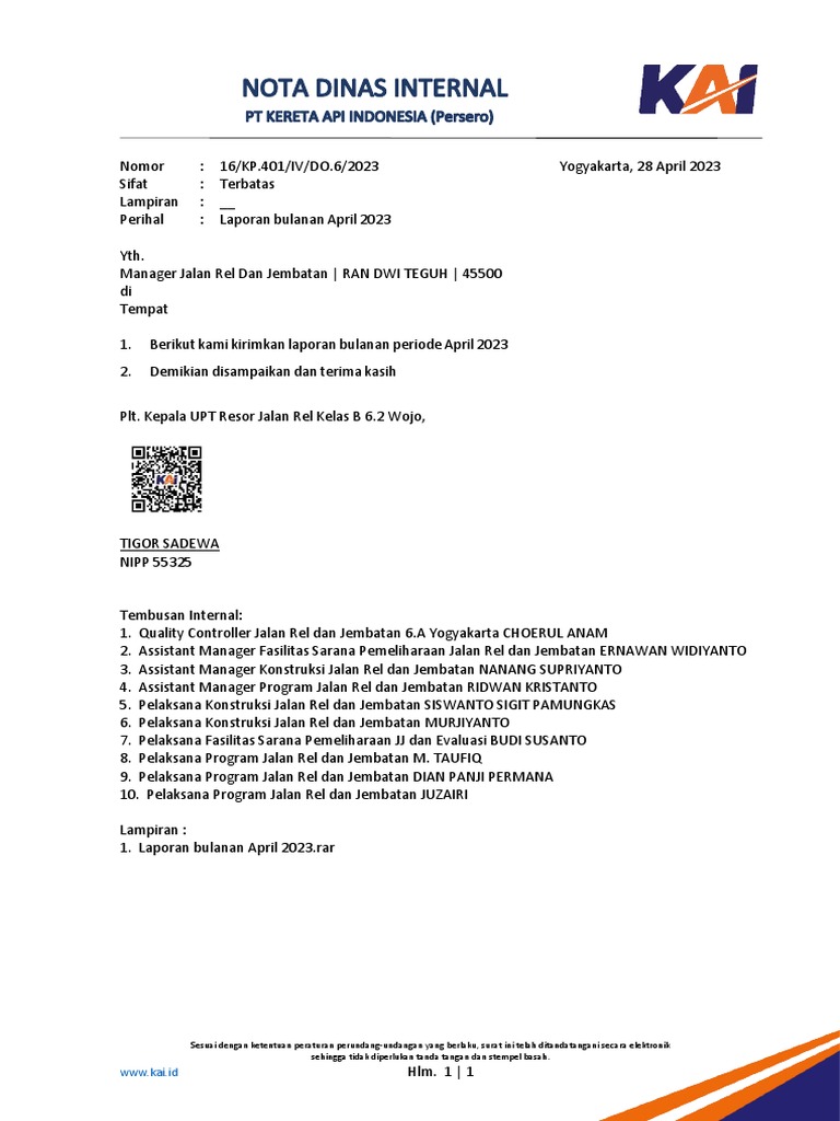 Nota Dinas Internal: PT Kereta Api Indonesia (Persero) | PDF
