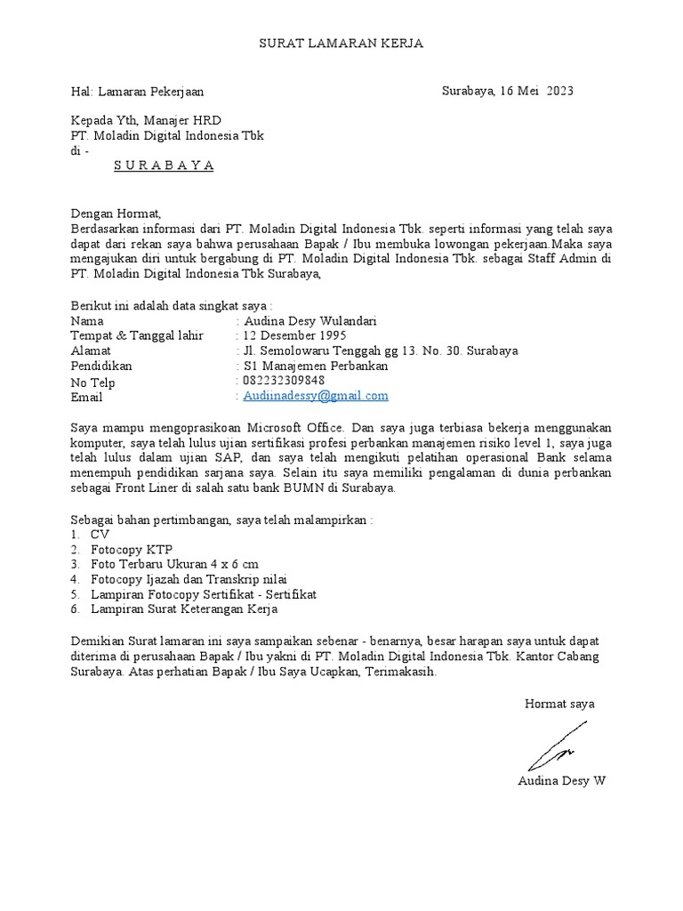 Surat Lamaran - Audina Desy | PDF