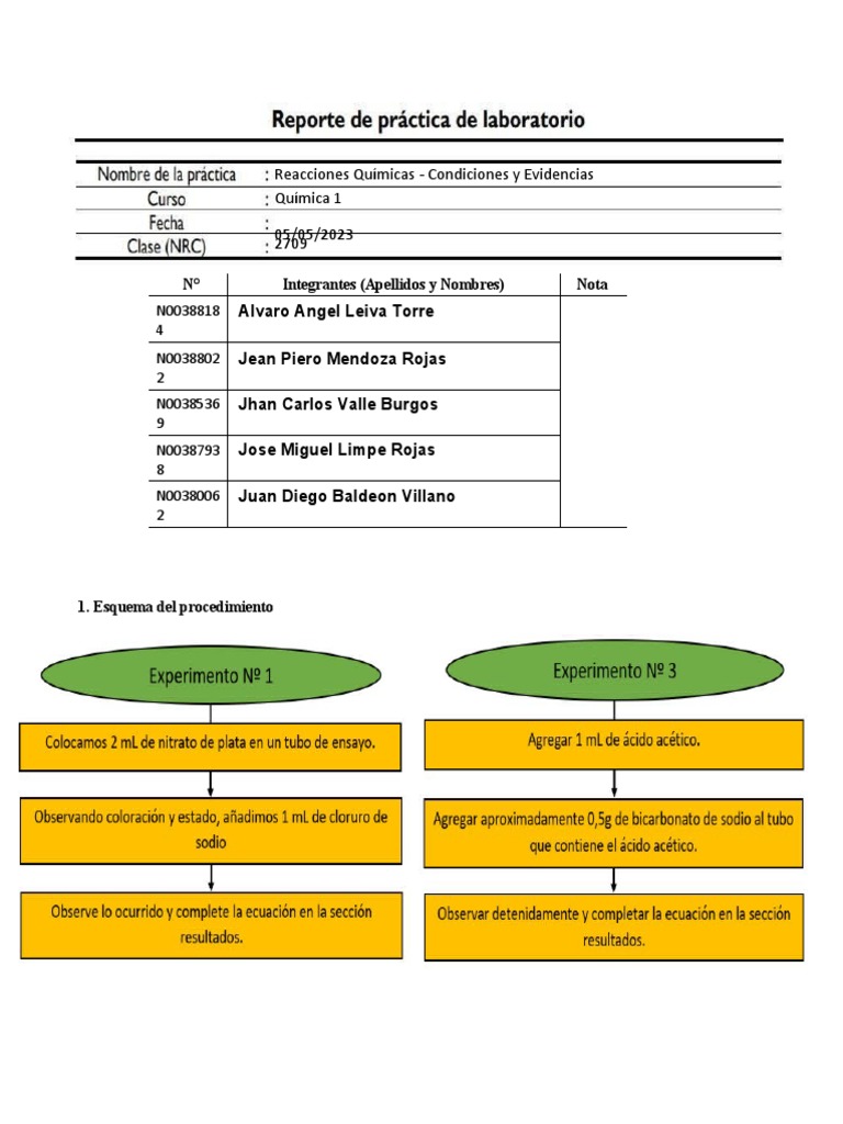 FORMATO - Reporte de Resultados Laboratorio 2023-1 | PDF | Química | Reacciones químicas