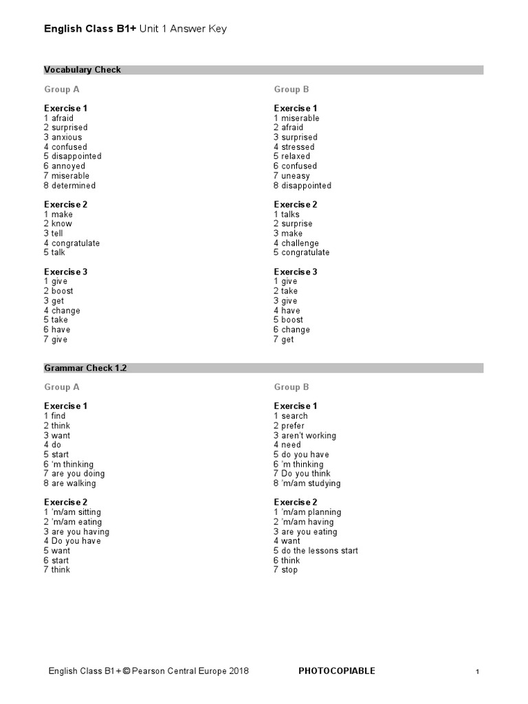 EC - B1P - Answer Key Unit 1 | PDF | English Language