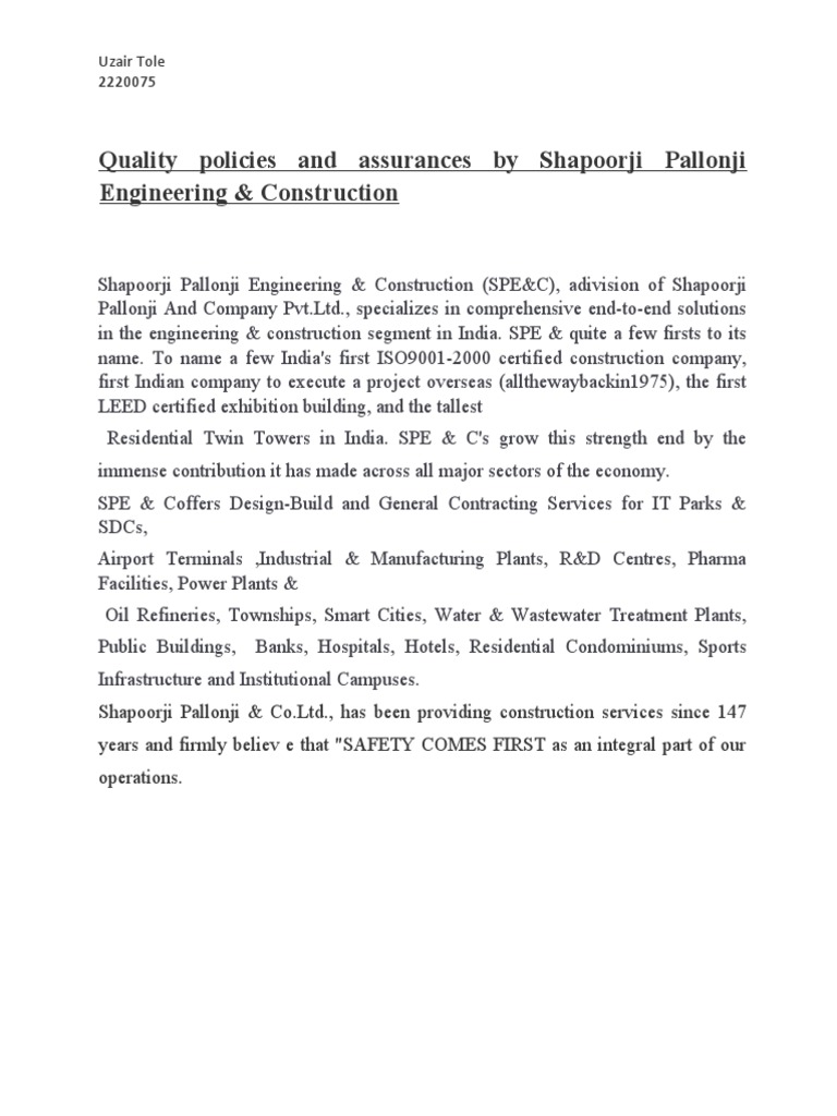 Quality Policies and Assurances by Shapoorji Pallonji Engineering | PDF | Safety | Employment