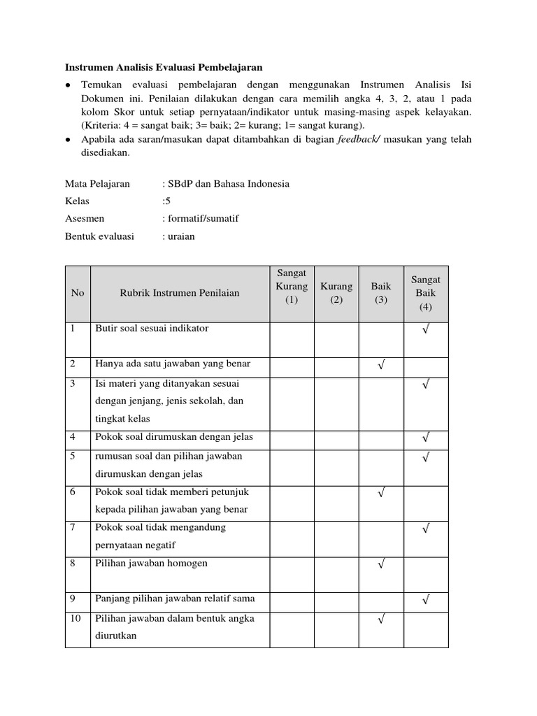 Instrumen Analisis Evaluasi Pembelajaran | PDF
