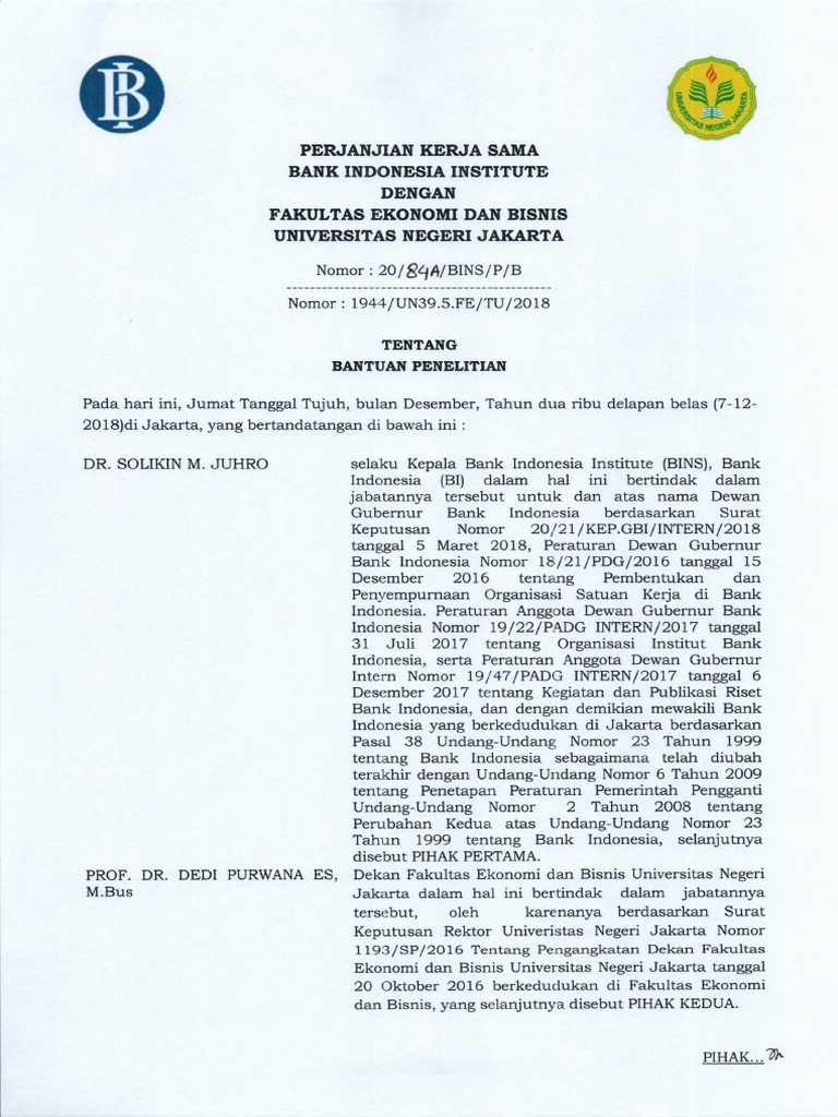 Perjanjian Kerjasama BI Dan Perguruan Tinggi 21 | PDF