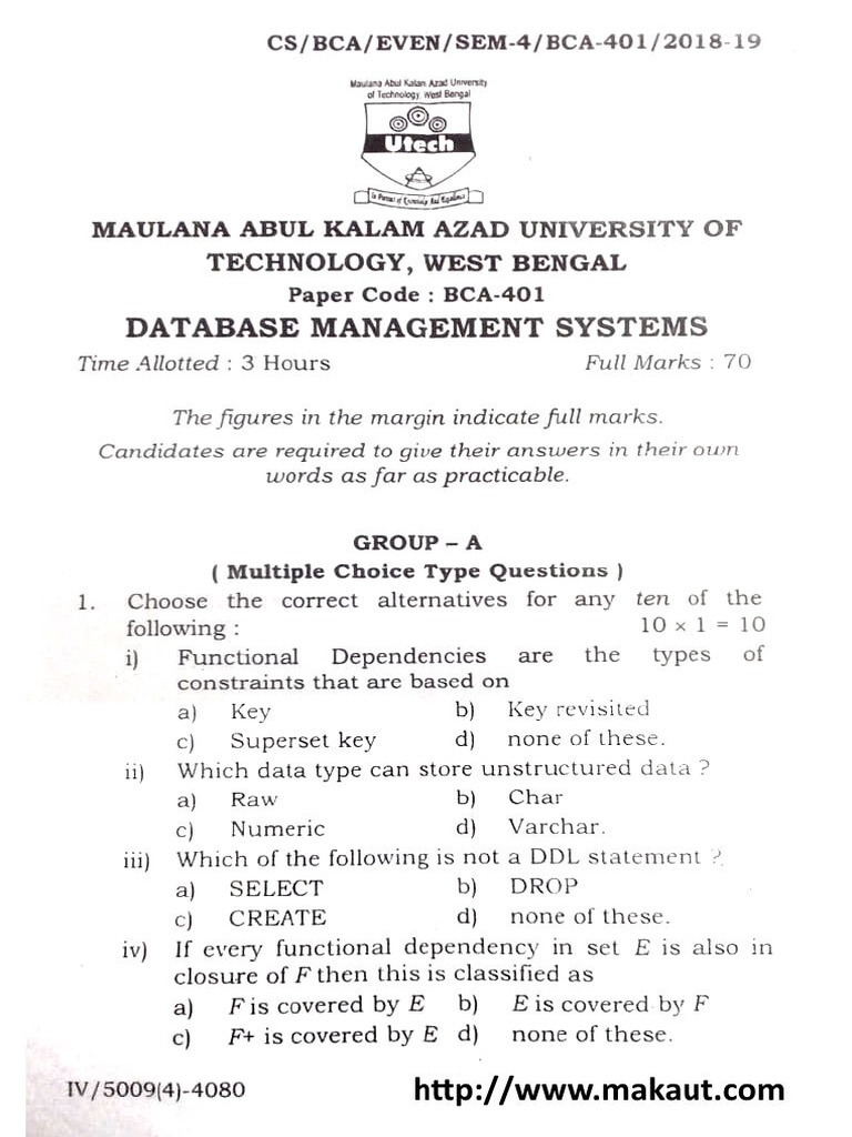 Bca 4 Sem Database Management Systems Bca 401 2019 | PDF