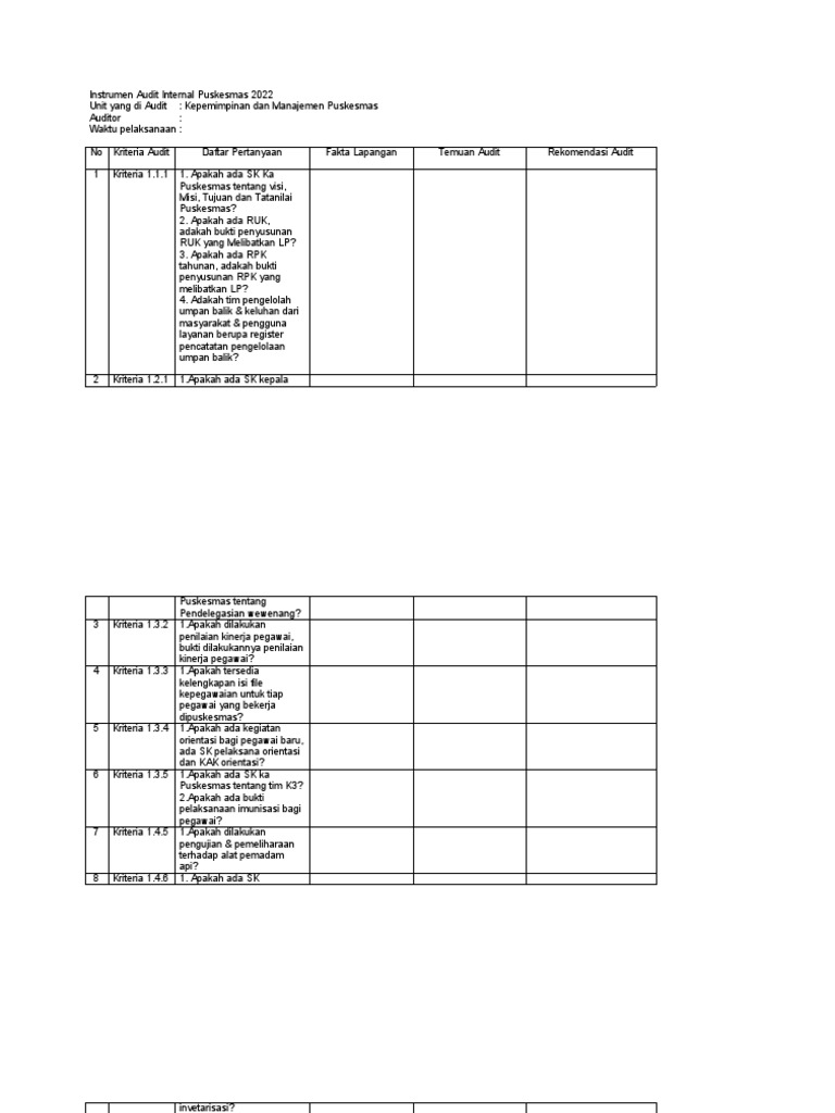 Instrumen Audit Internal Puskesmas 2022 | PDF