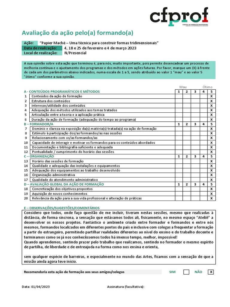 Ficha Autoavaliacao Formando | PDF | Carreira e Crescimento | Arte